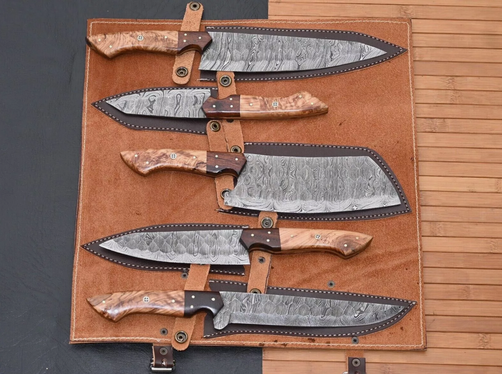 Damascus Steel Chef Set Hand Forged 5 Pcs BBQ Kitchen Knives – Bull Bay ...