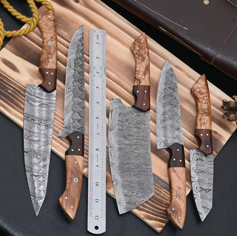 Damascus Steel Chef Set Hand Forged 5 Pcs BBQ Kitchen Knives – Bull Bay ...