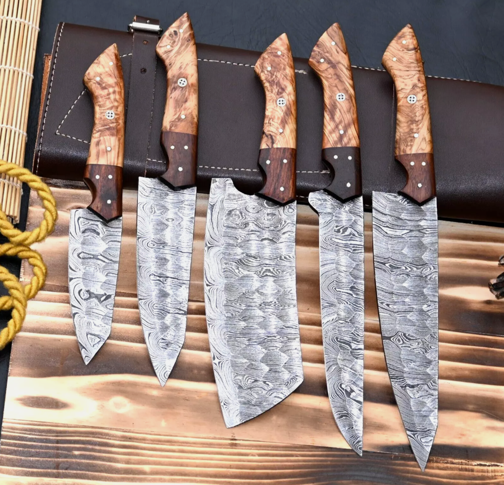 Damascus Steel Chef Set Hand Forged 5 Pcs BBQ Kitchen Knives – Bull Bay ...